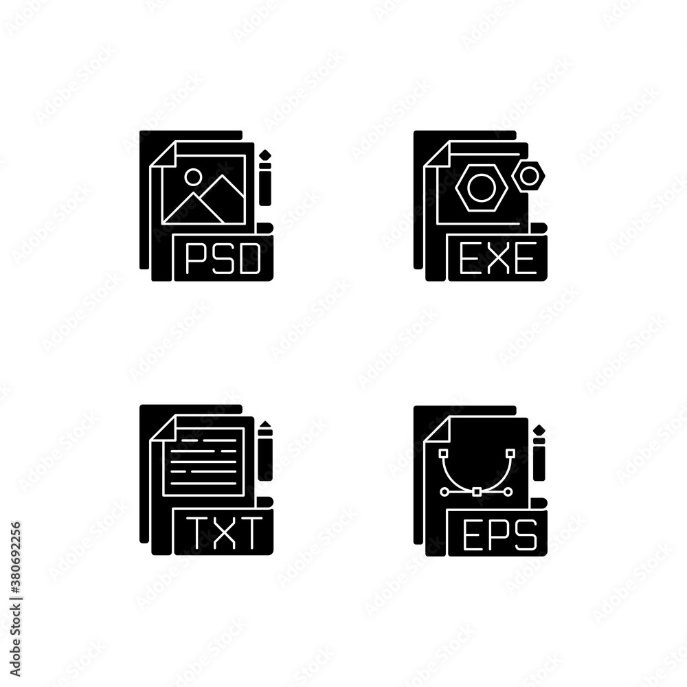 File types black glyph icons set on white space. PSD. EXE. TXT. EPS ...