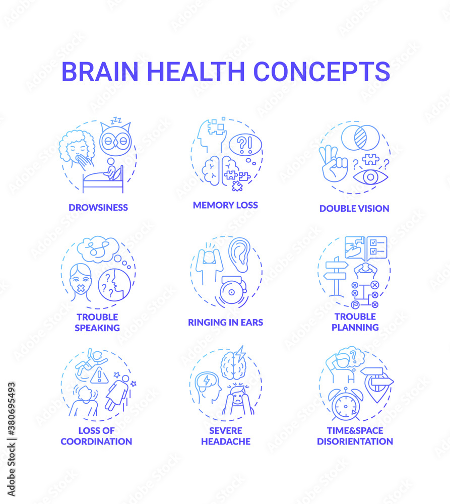 Brain health blue gradient concept icons set. Drowsiness from lack of ...