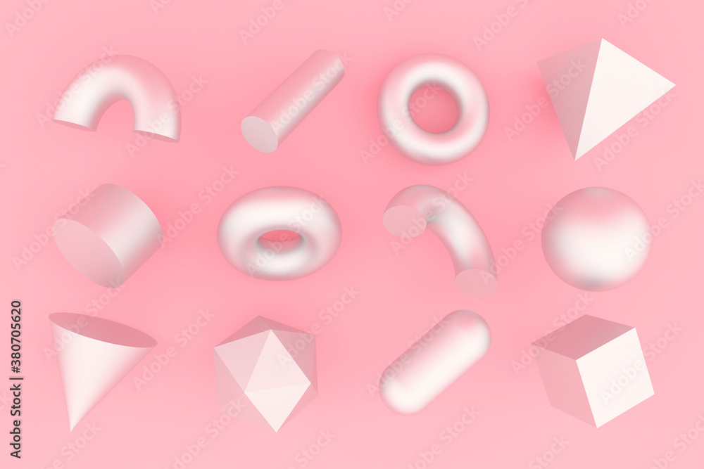 Set of 3d render realistic primitives on pastel background. Isolated graphic elements: sphere ...