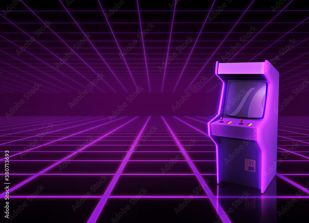 Arcade games cabinet in a new retro wave. A 3D illustration background ...