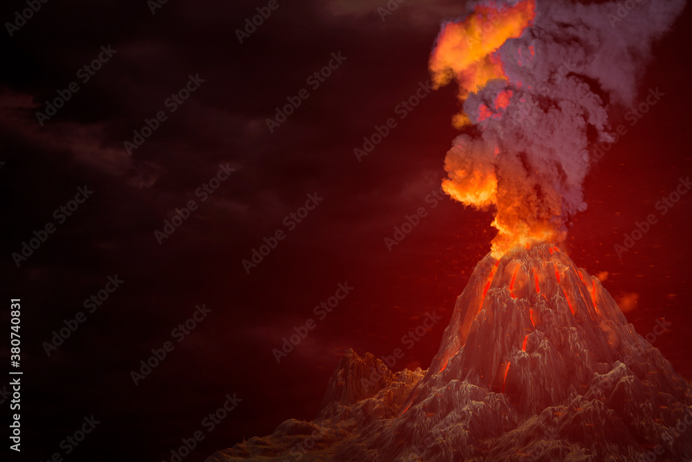 big volcano blast eruption with huge smoke pillar and fire on night sky ...