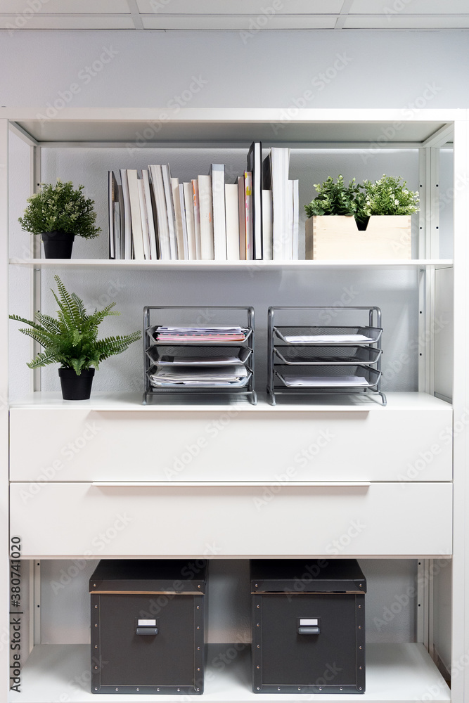 Various books and office paper trays with documents arranged on shelves ...