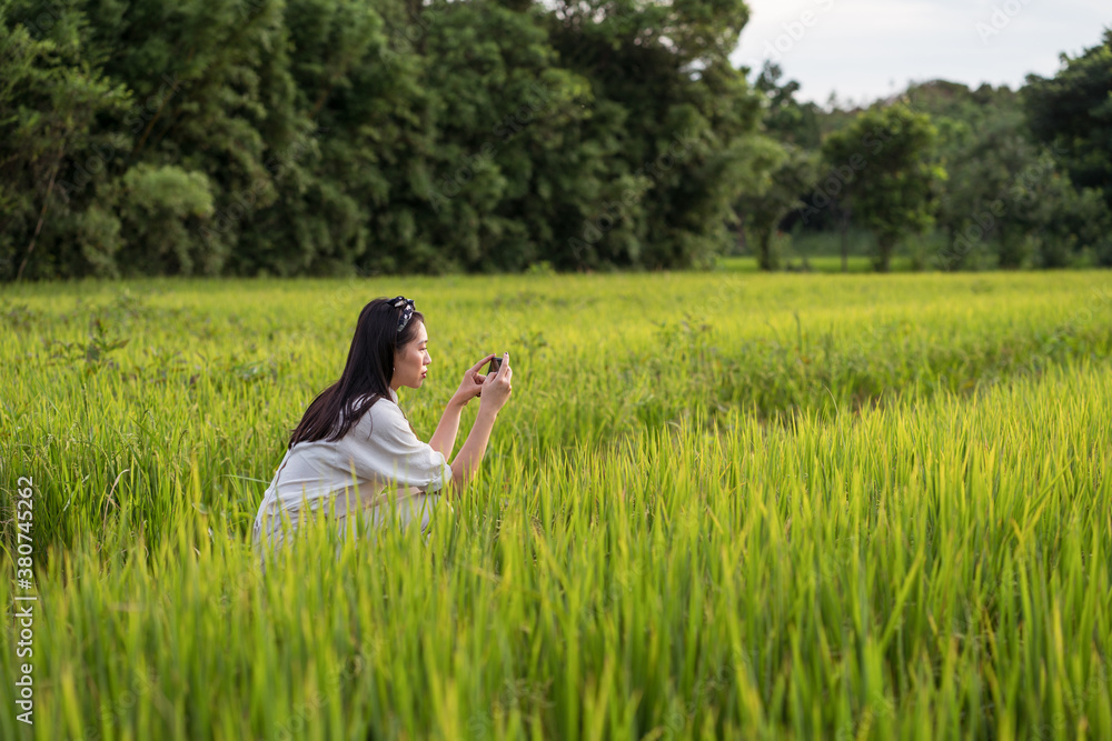 Foto de Side view of Asian female crouched taking photo of green rice ...