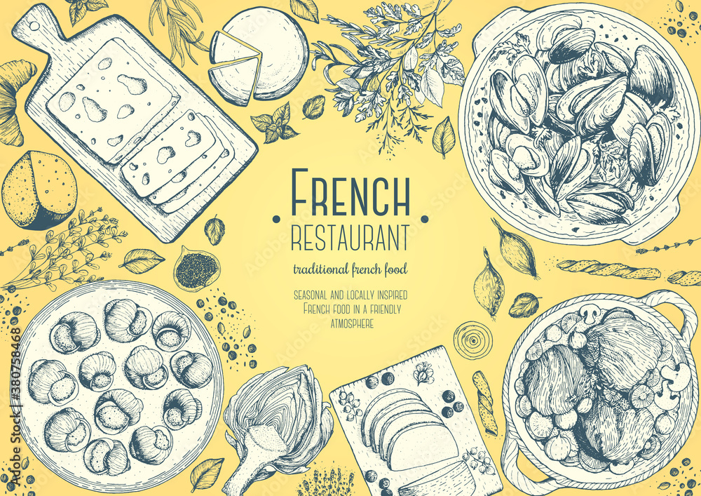 French cuisine top view frame. A set of classic French dishes with beef ...