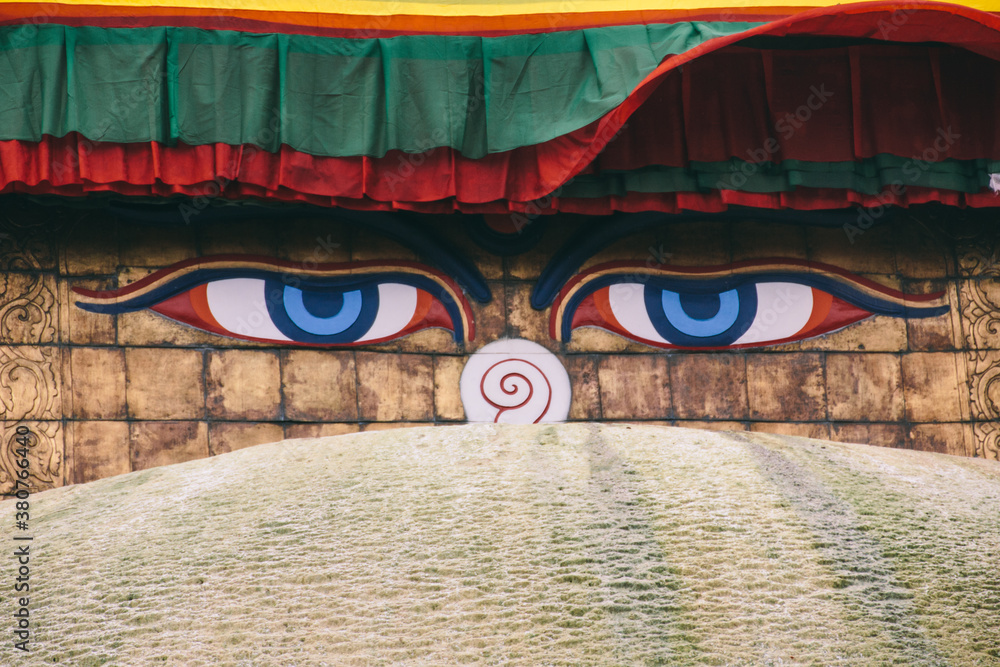Buddha eyes (Wisdom eyes) on Nepali buddhism temple. Swayambhunath ...