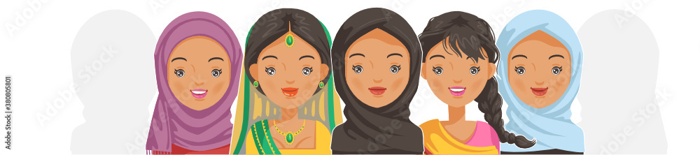 Arab girls, muslim girls and indian girls group. Female portrait. Head ...