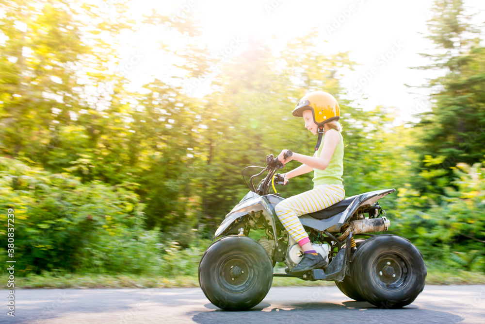 Little Girl Riding Fast Gas Powered Jr Kids ATV Quad On Trail With ...