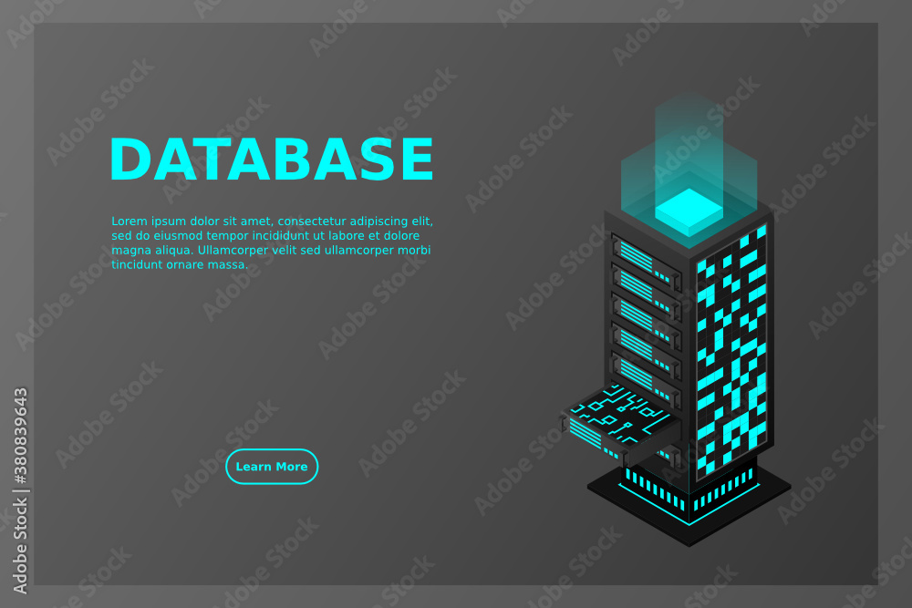 Data center isometric, database and cloud data storage concept, server room, cloud computing ...