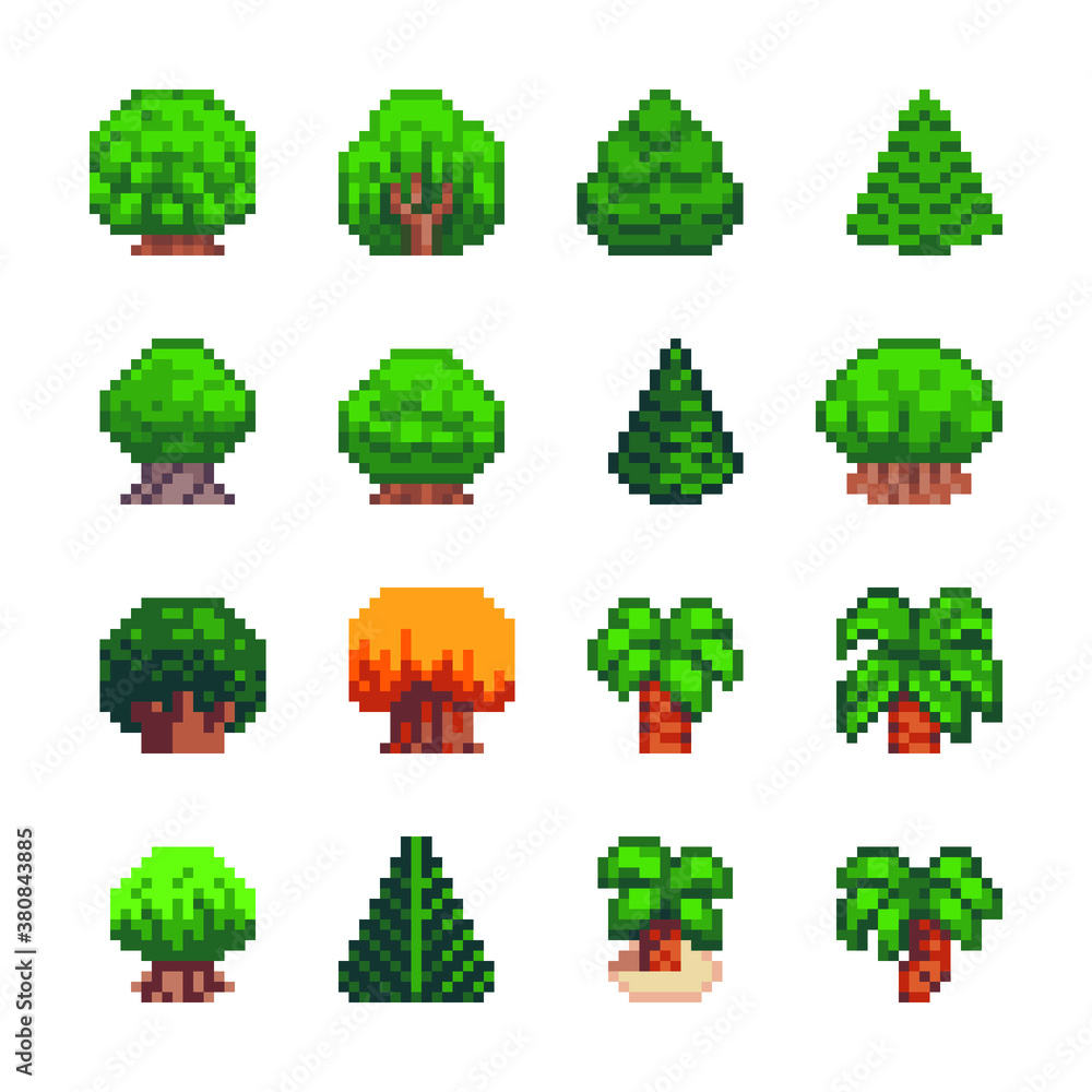 Trees set, pixel art style, isolated vector illustration. Game assets ...