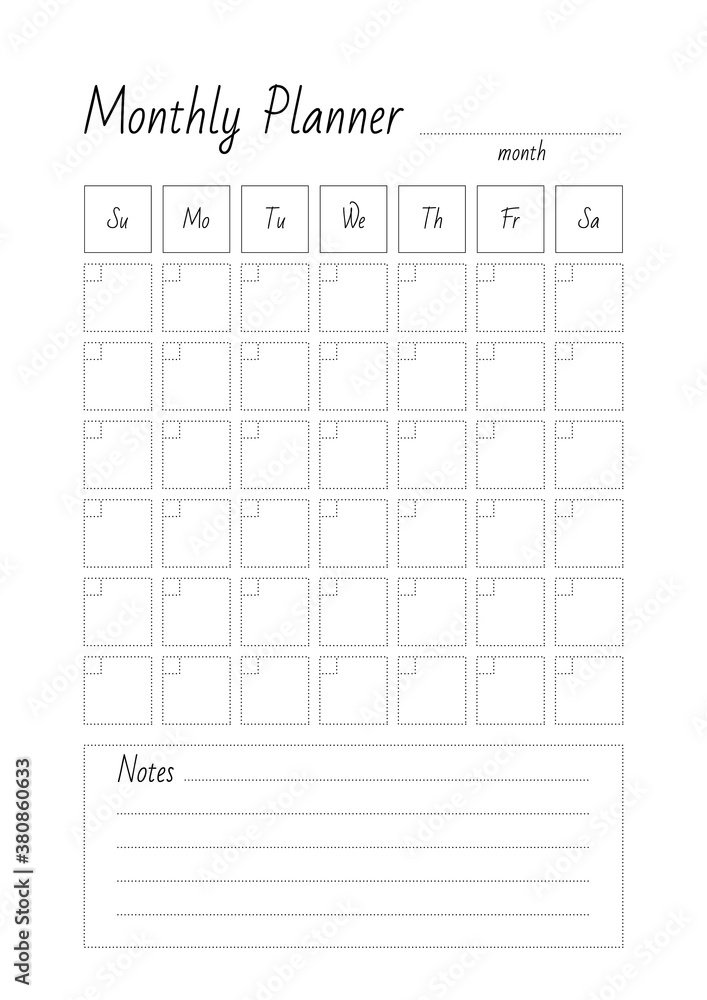 Monthly Planner. Blank printable vertical notebook page. Vector 8 ESP ...