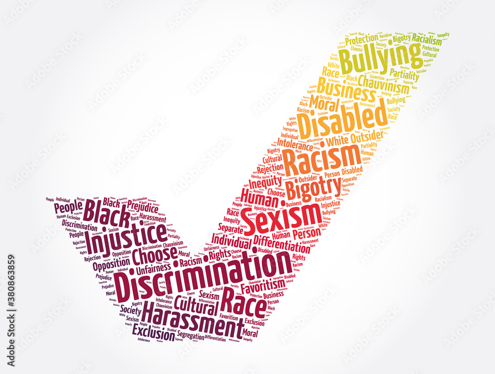Discrimination check mark word cloud collage, concept background Stock ...