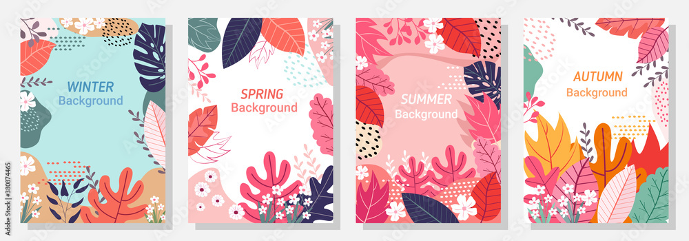 Vector set four seasons, winter, spring, summer, autumn, flowers and ...