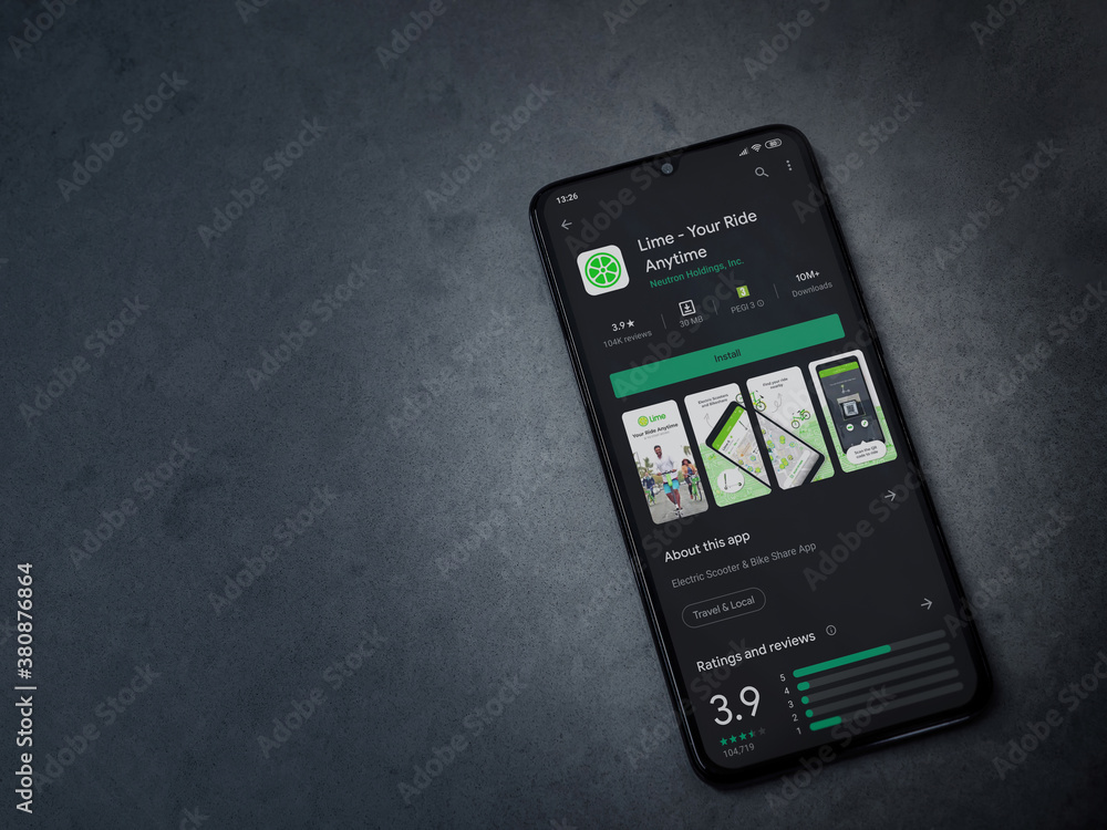 Lod, Israel - July 8, 2020: Lime app play store page on the display of ...