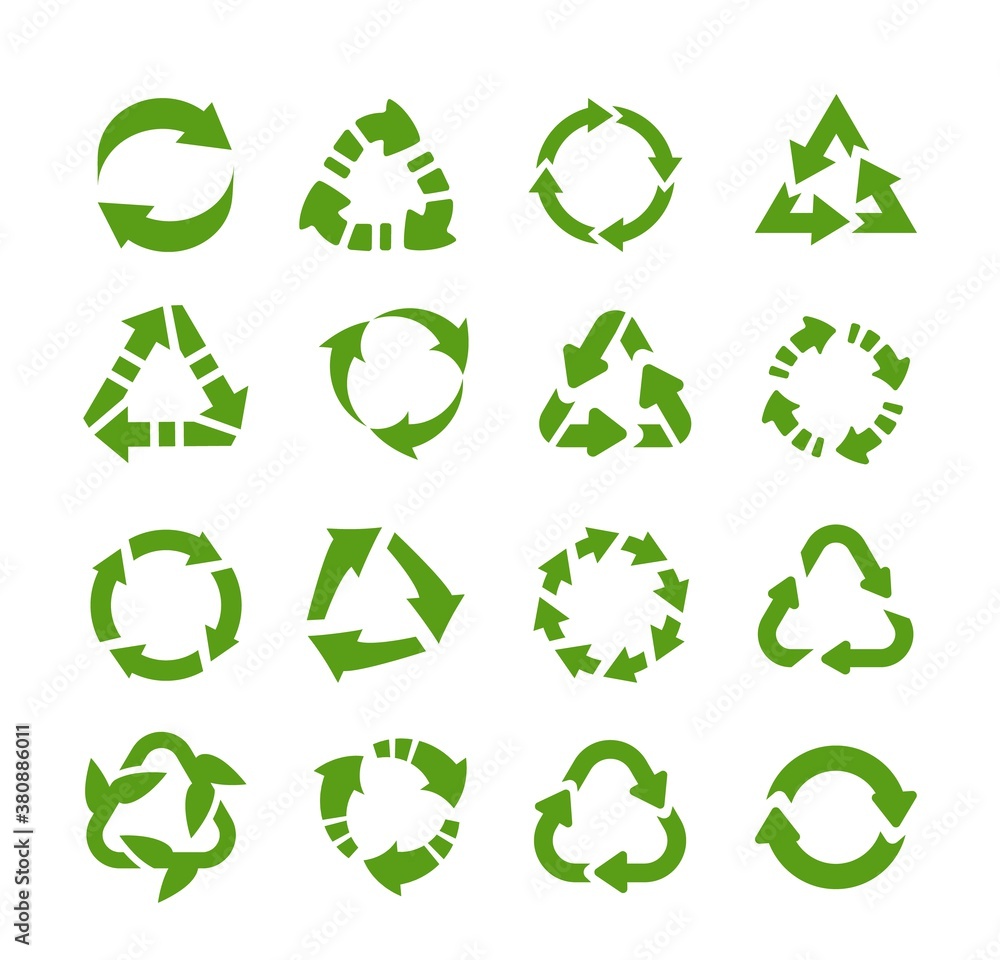 Recycle icons. Circle arrows, product reuse and eco symbols ...