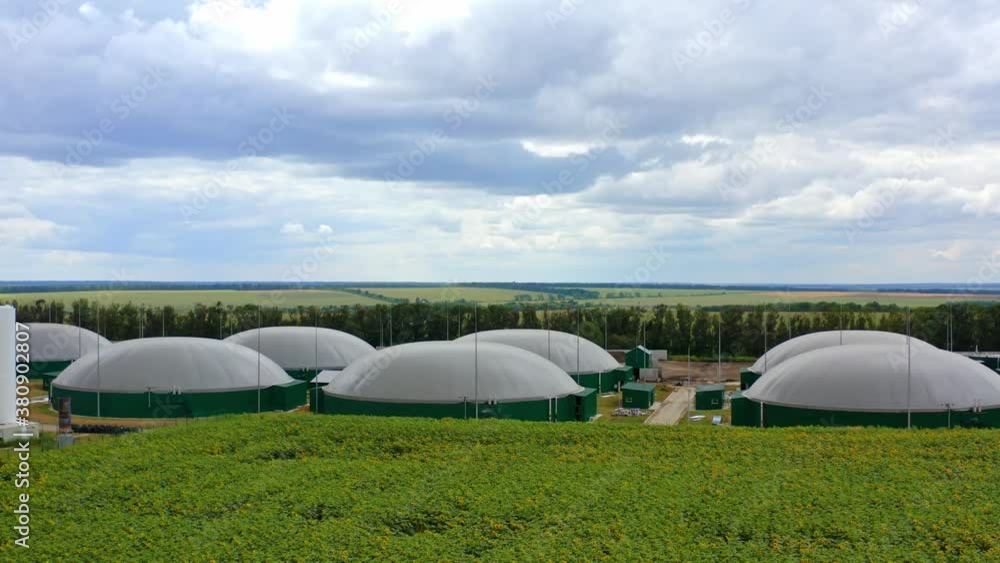 Biogas complex with storage tanks. Large reservoirs for production of ...