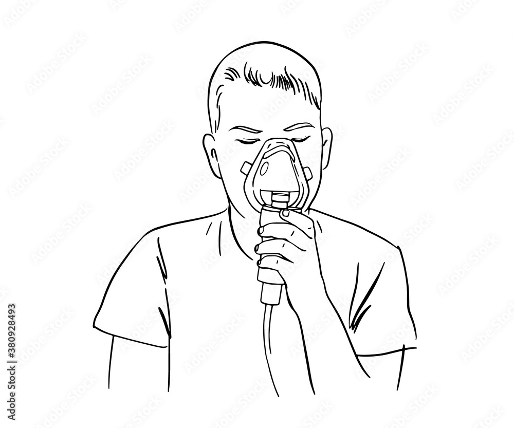 The boy breathes with a nebulizer inhalation. Treatment with an inhaler ...