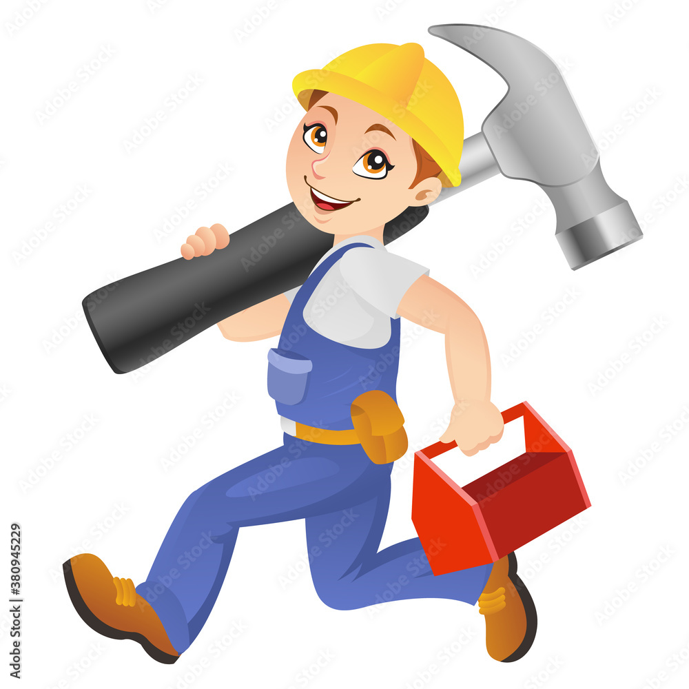 Construction worker running fast to work with a big hammer and toolbox ...