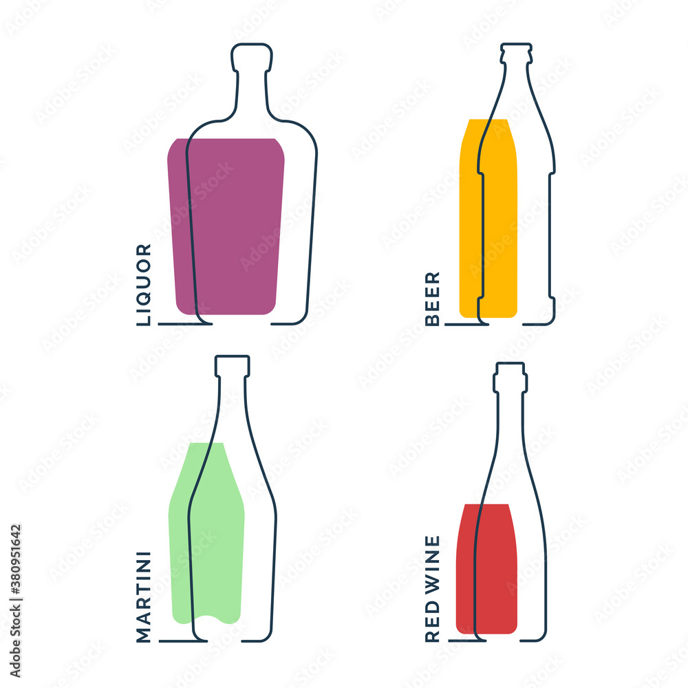 Bottle liquor beer martini red wine continuous line in linear style on ...