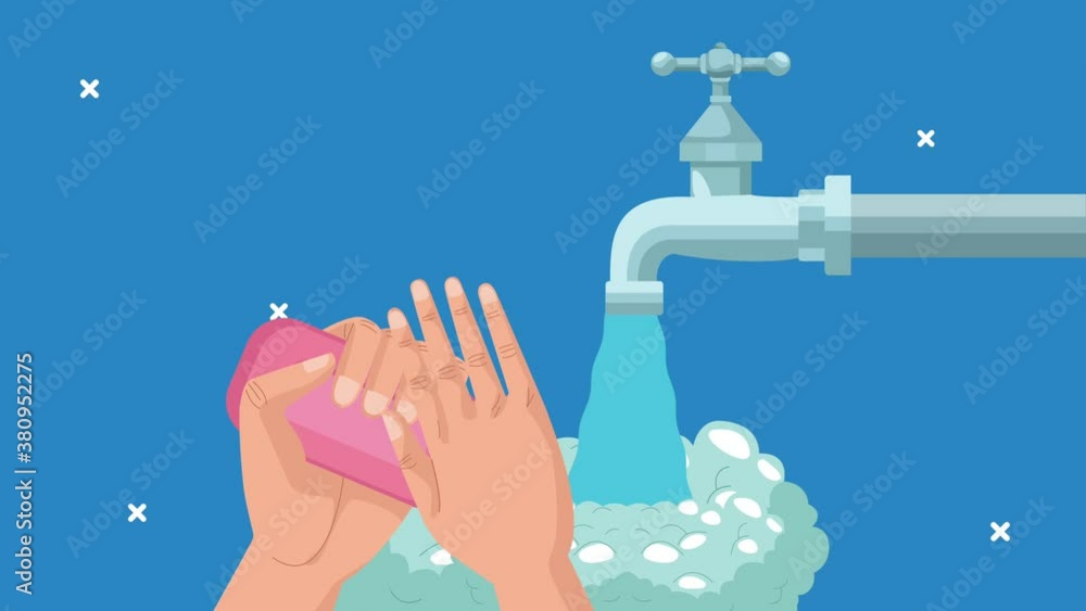 global handwashing celebration animation with hands washing with soap ...