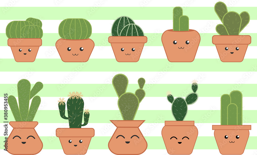 Set of cute cactus plants character in a pot. Clipart and sticker ...