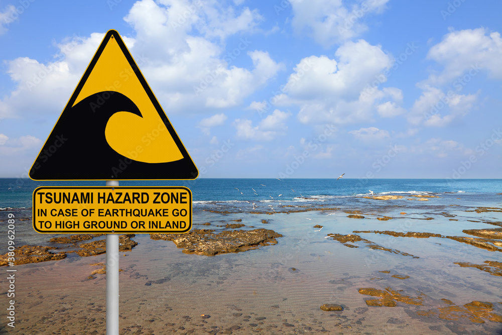 Tsunami warning and evacuation sign located on a beach. The sea and ...
