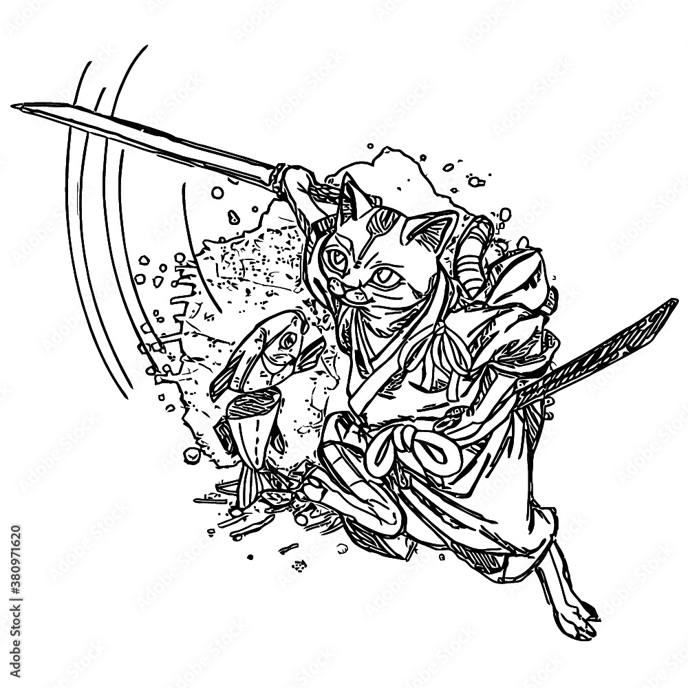 cute hand drawn samurai cat cutting a fish apron design animals ...