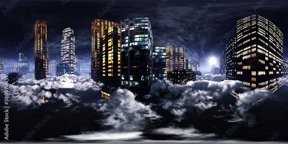 Night city among the clouds, HDRI, environment map , Round panorama ...