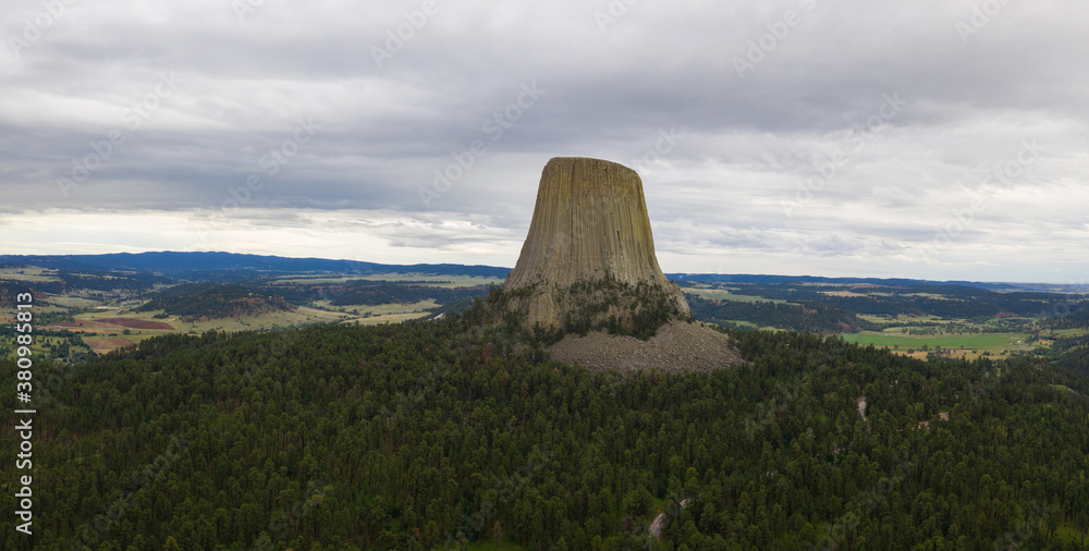 Aerial over Devils Tower and the wilderness in Wyoming Stock Photo ...