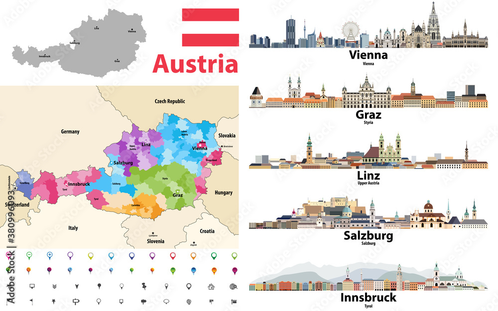 Austria map colored by states showing districts boundaries, with ...