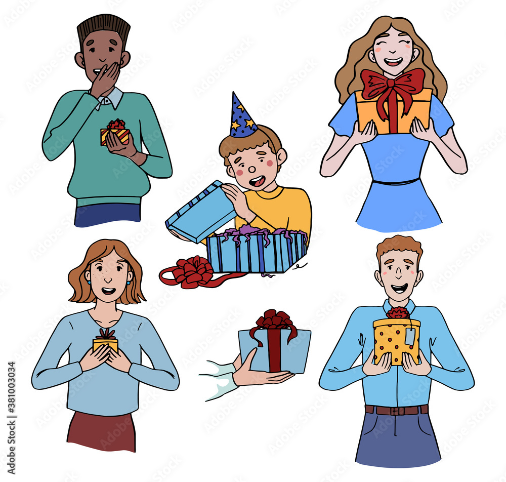 Doodles illustrations set of joyful people with gifts. Concept of ...