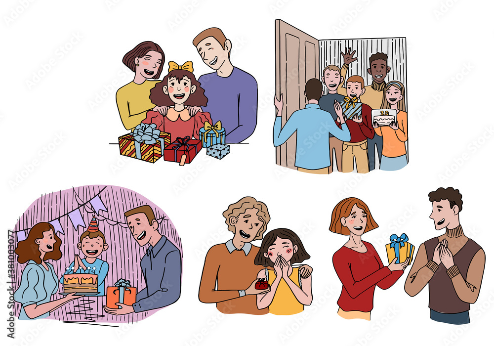 Doodles illustrations set of different groups of people with gifts ...