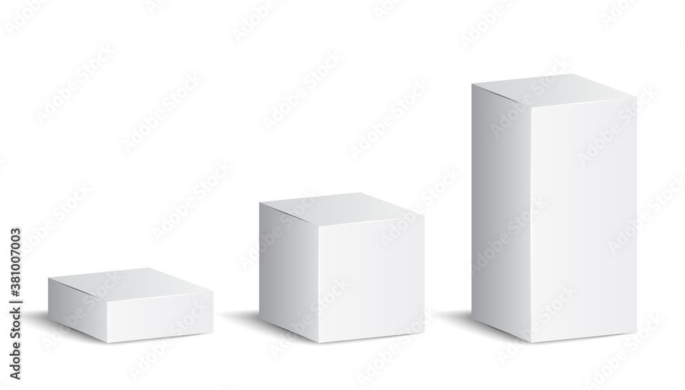 Three white carton 3d box. White vertical cube. Box package mockup ...