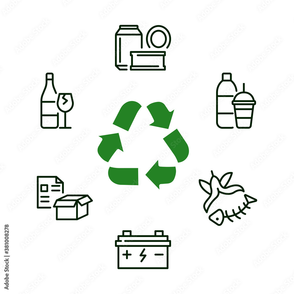 Recycling and sorting of waste circle banner with flat line icon ...