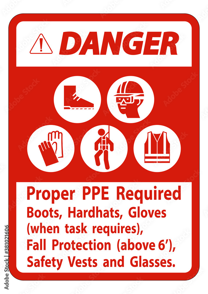 Danger Sign Proper PPE Required Boots, Hardhats, Gloves When Task ...