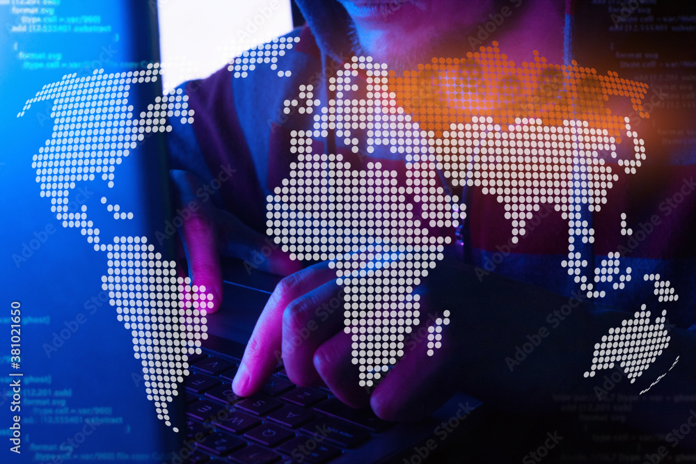 russian hacking threat concept, world map with a digital threat from ...