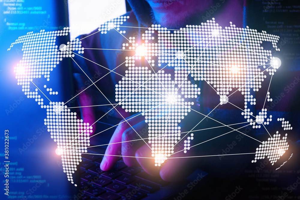 hacker typing on keyboard in dark room, international hacking ...