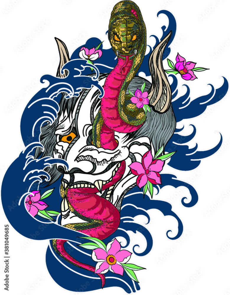 Japanese snake demon tattoo vector and hand drawn illustration.Hand ...