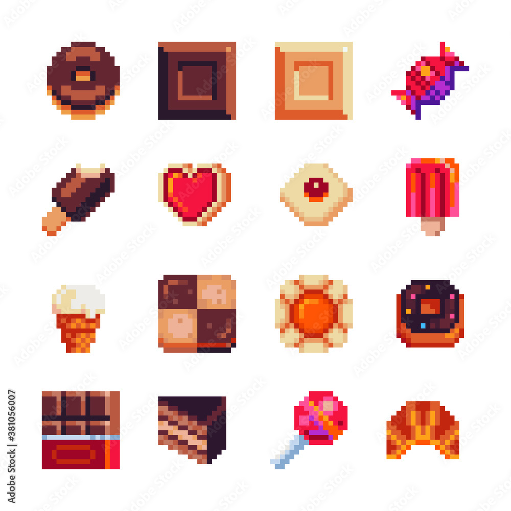 Sweets tasty food pixel art icon set. Baked and coffee. Design sticker ...