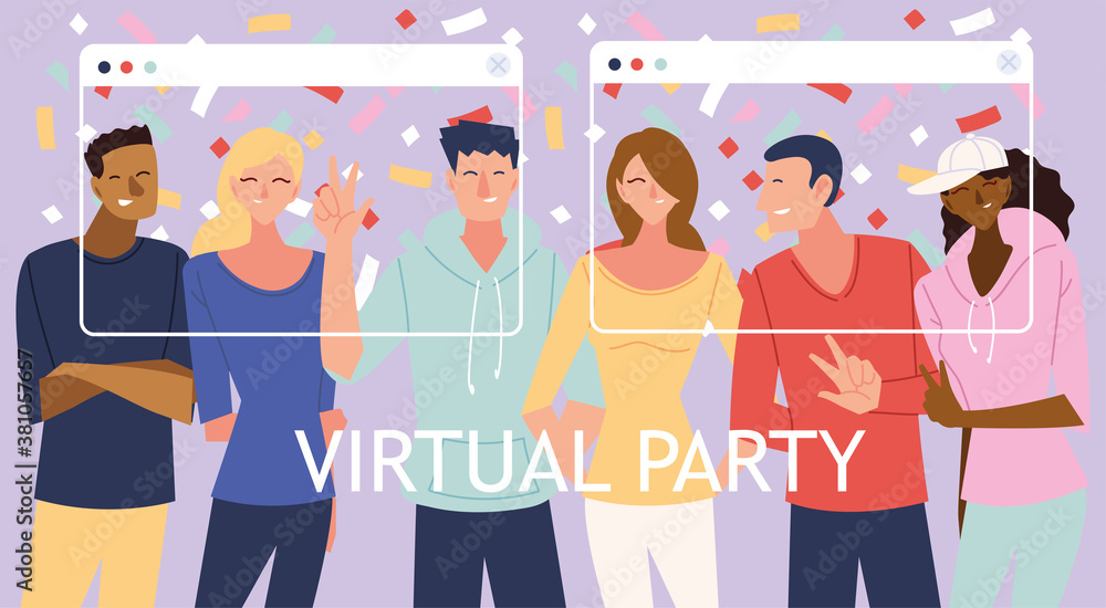 virtual party with men women cartoons and confetti in screens vector ...