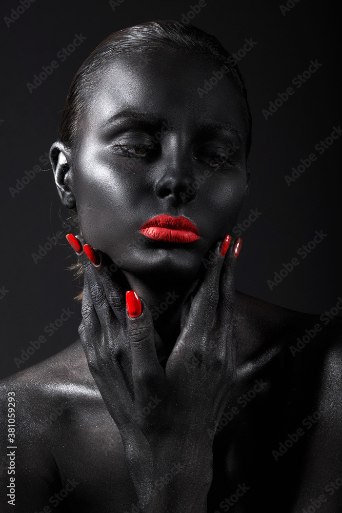 girl with black skin and red lips on a red background Stock Photo ...