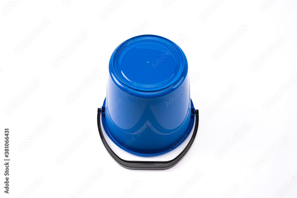 Empty clean blue plastic bucket on white background for different ...