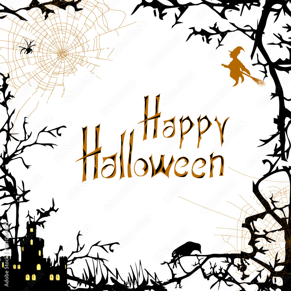 Happy halloween banner on white background. Scary forest with black ...