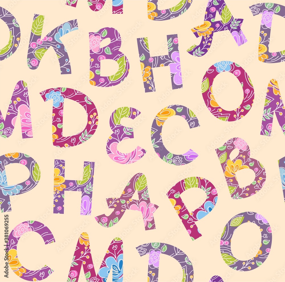 Floral letters, seamless pattern, pink. Lilac letters with flowers and ...