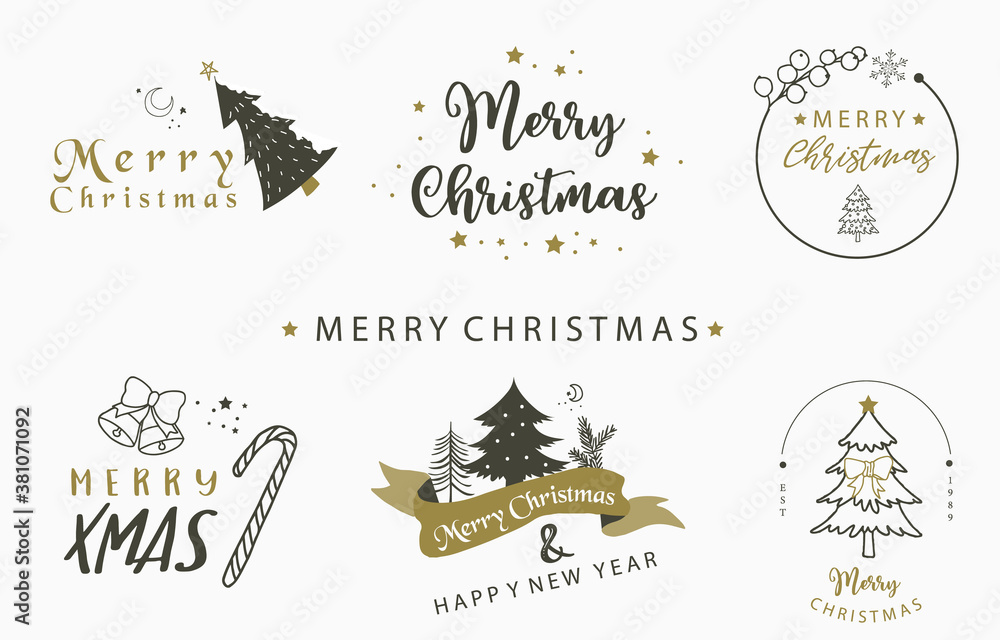 Christmas logo collection with Christmas tree, snowman,wreath,ribbon ...
