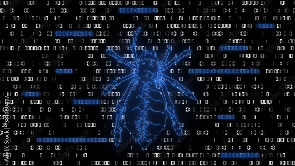 Dangerous bright blue low poly spider over binary code background ...
