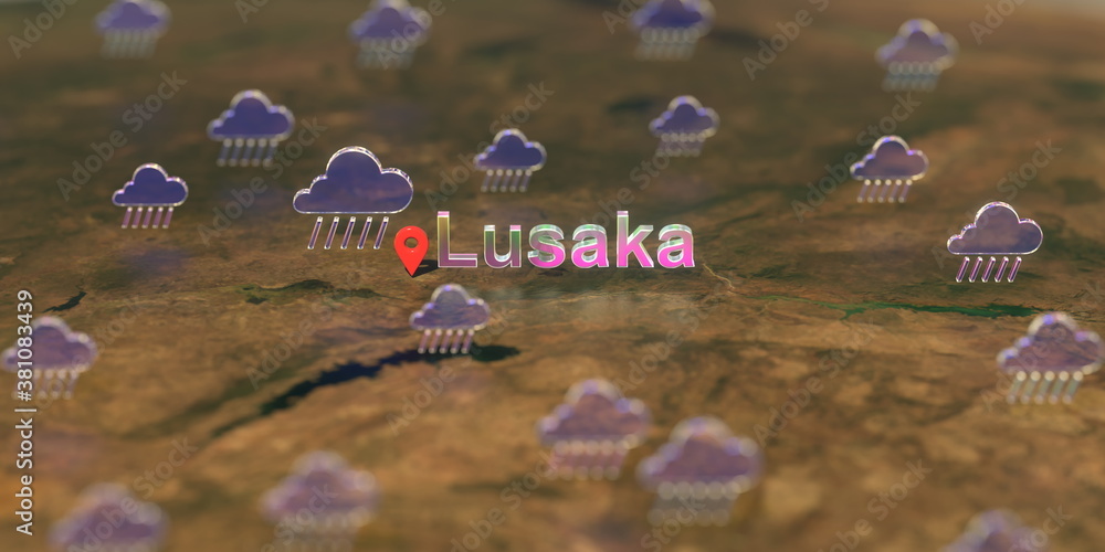 Lusaka city and rainy weather icon on the map, weather forecast related ...