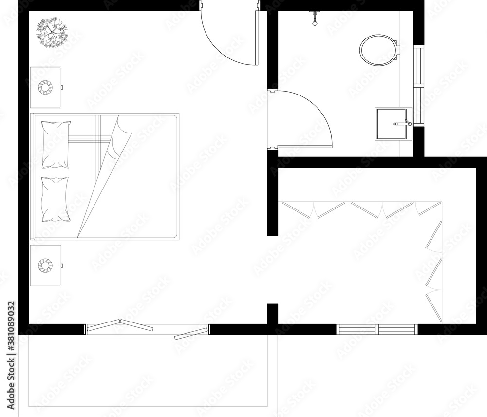 2D CAD drawing of single bedroom layout complete with 1 bathroom and ...