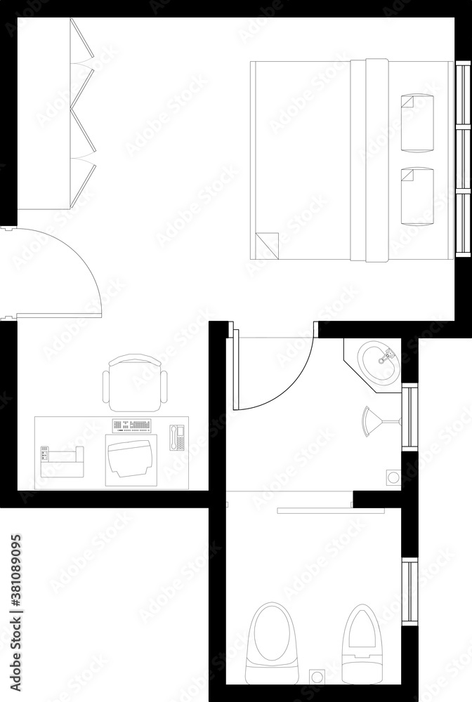 2D CAD drawing of single bedroom layout complete with 1 bathroom and ...