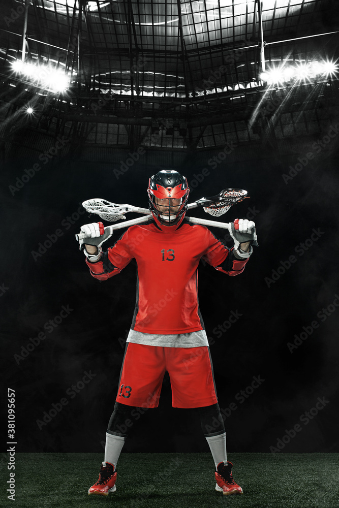 Lacrosse Player, athlete sportsman in red helmet on grand arena ...