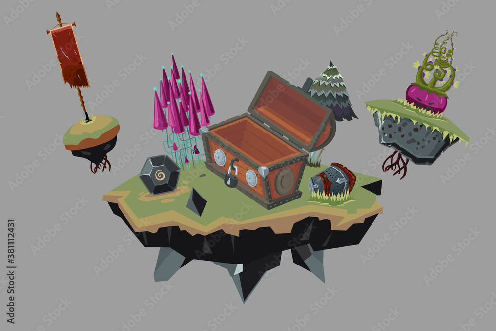 Fantasy landscape. Empty treasure chest Video game background ...